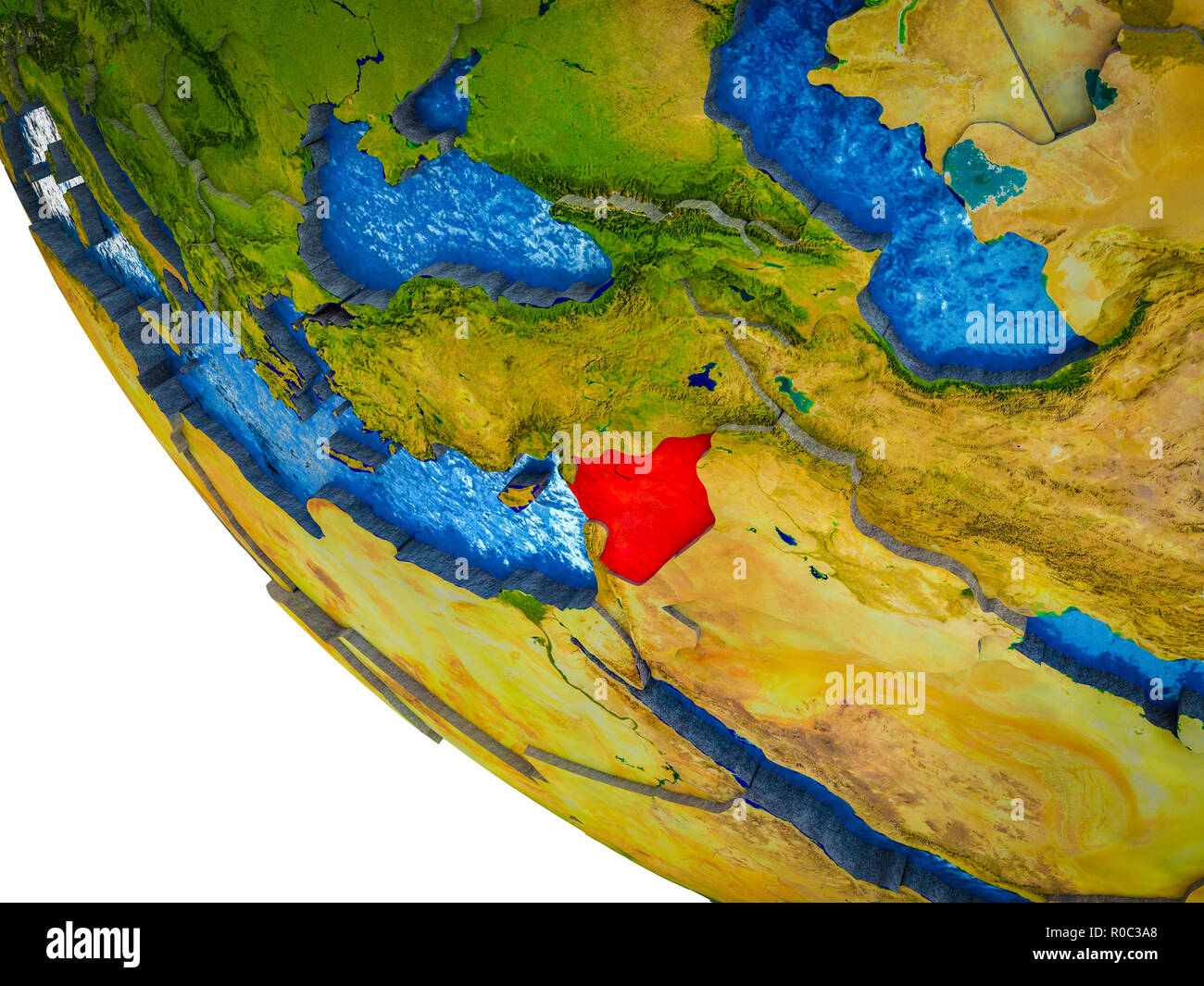 Syria on model of Earth with country borders and blue oceans with waves ...