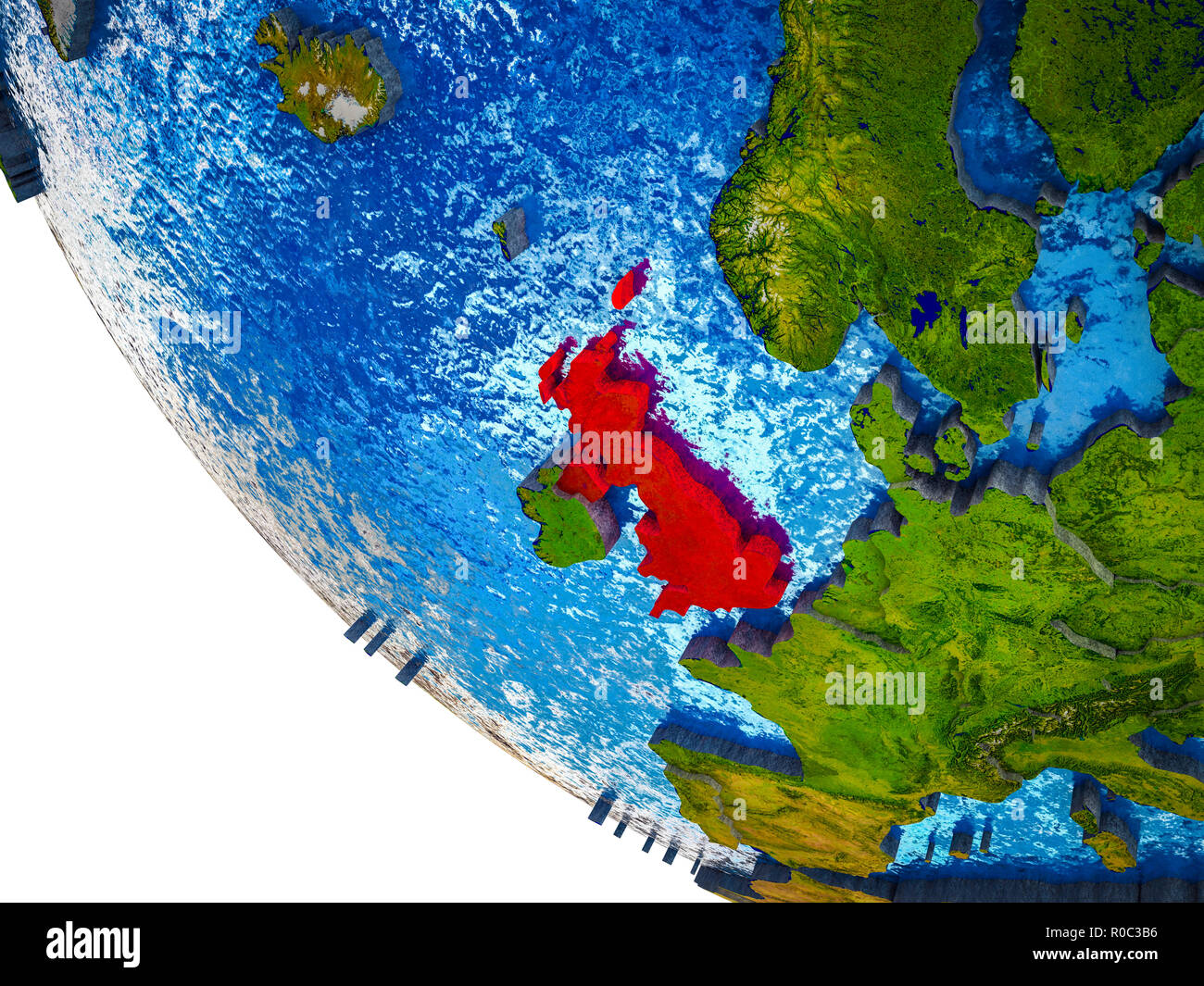 United Kingdom on model of Earth with country borders and blue oceans ...