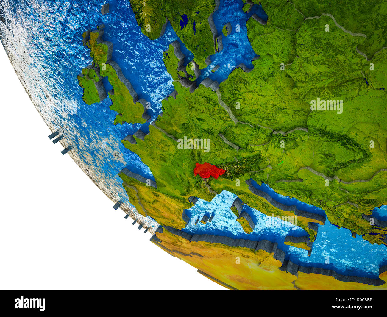 Switzerland on model of Earth with country borders and blue oceans with ...