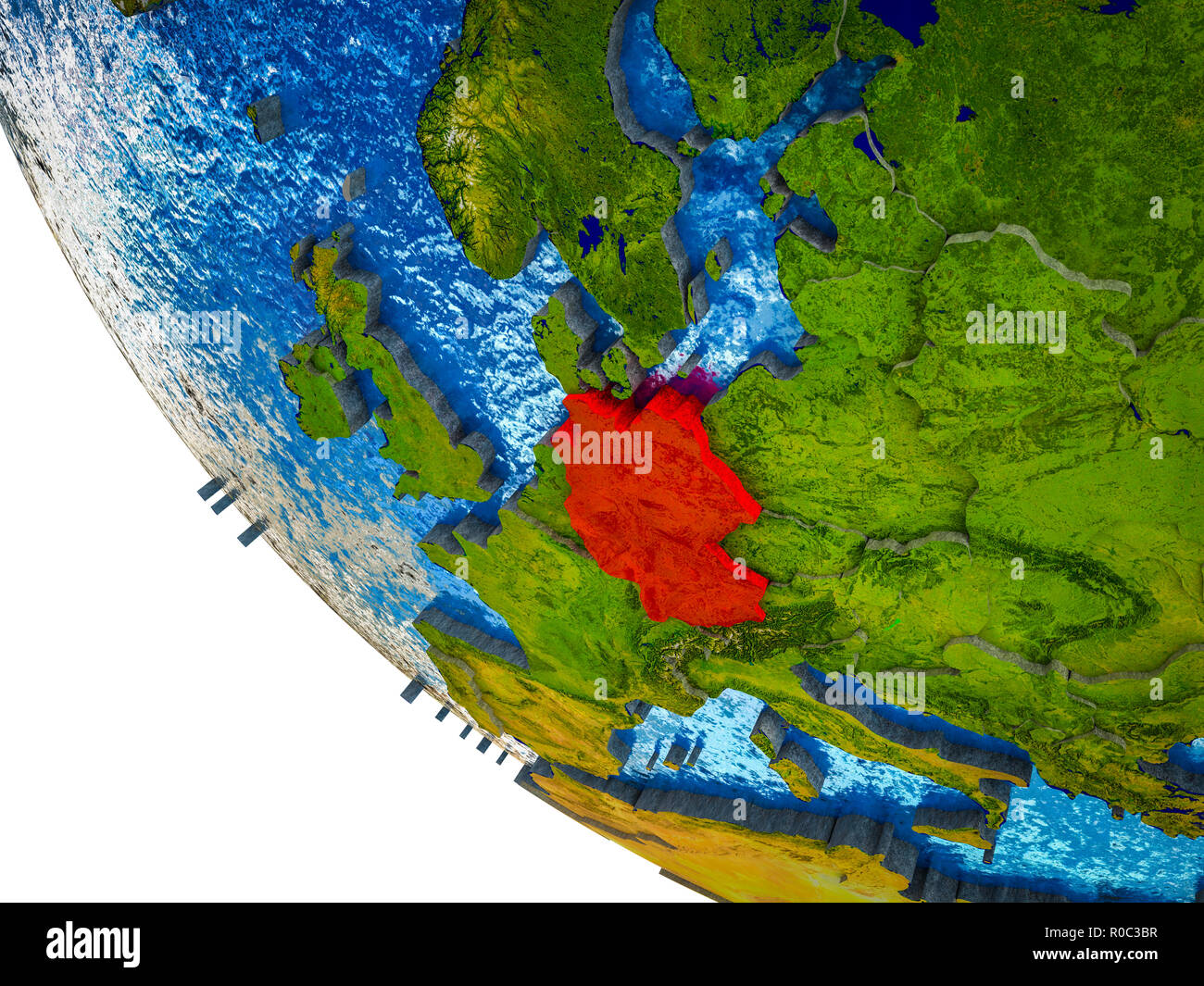 Germany on model of Earth with country borders and blue oceans with ...