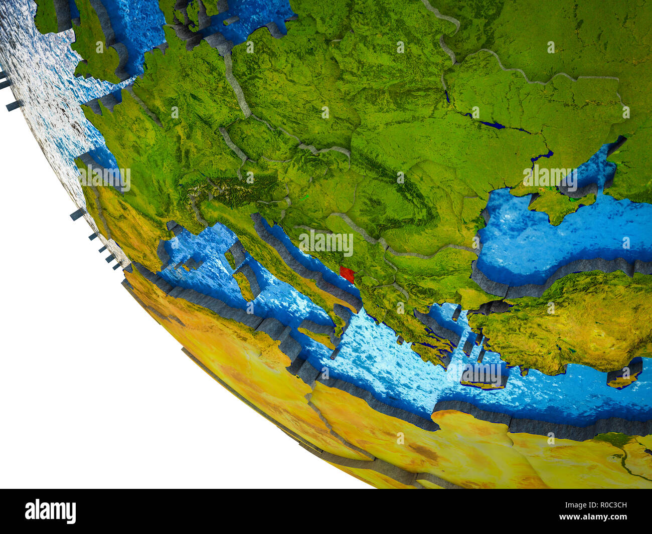 Montenegro on model of Earth with country borders and blue oceans with ...