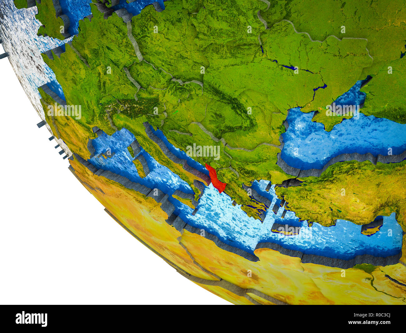 Albania on model of Earth with country borders and blue oceans with ...