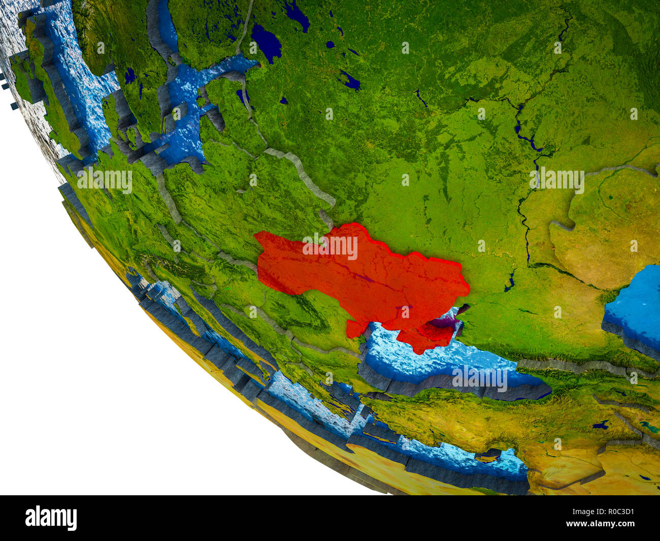 Ukraine on model of Earth with country borders and blue oceans with ...