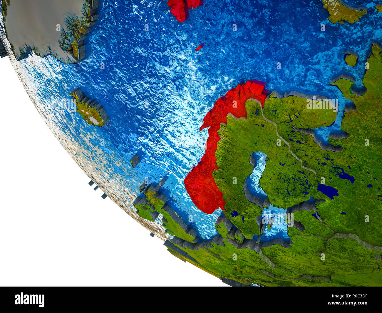 Norway on model of Earth with country borders and blue oceans with ...