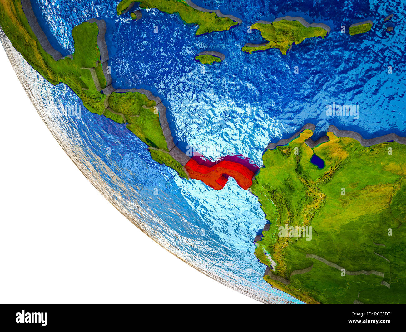 Panama on model of Earth with country borders and blue oceans with ...