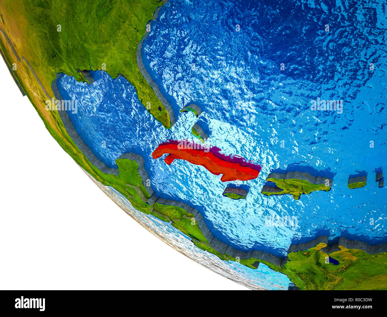 Cuba on model of Earth with country borders and blue oceans with waves ...