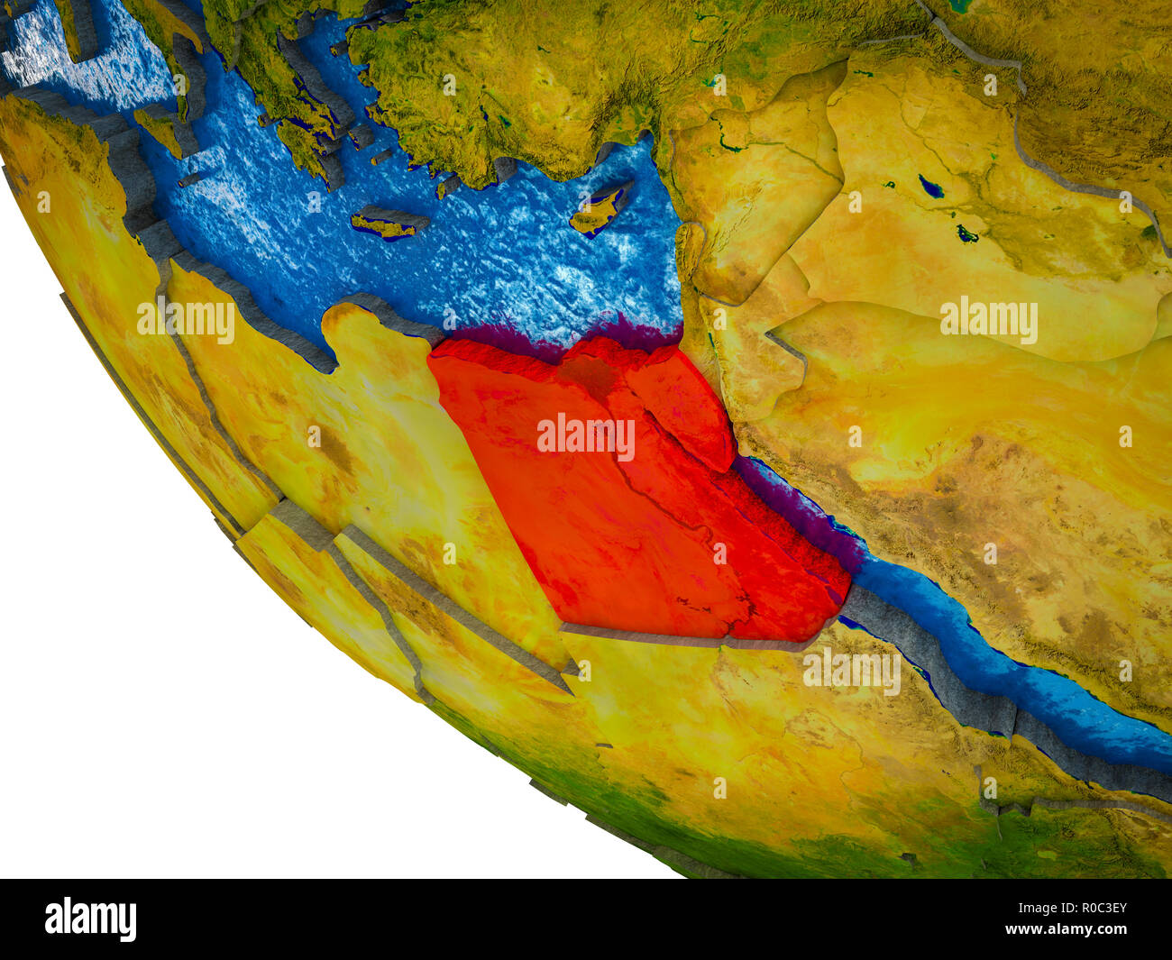 Egypt on model of Earth with country borders and blue oceans with waves ...