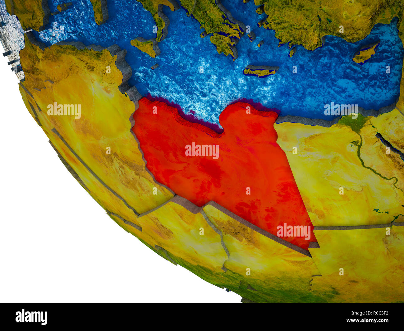 Libya on model of Earth with country borders and blue oceans with waves ...