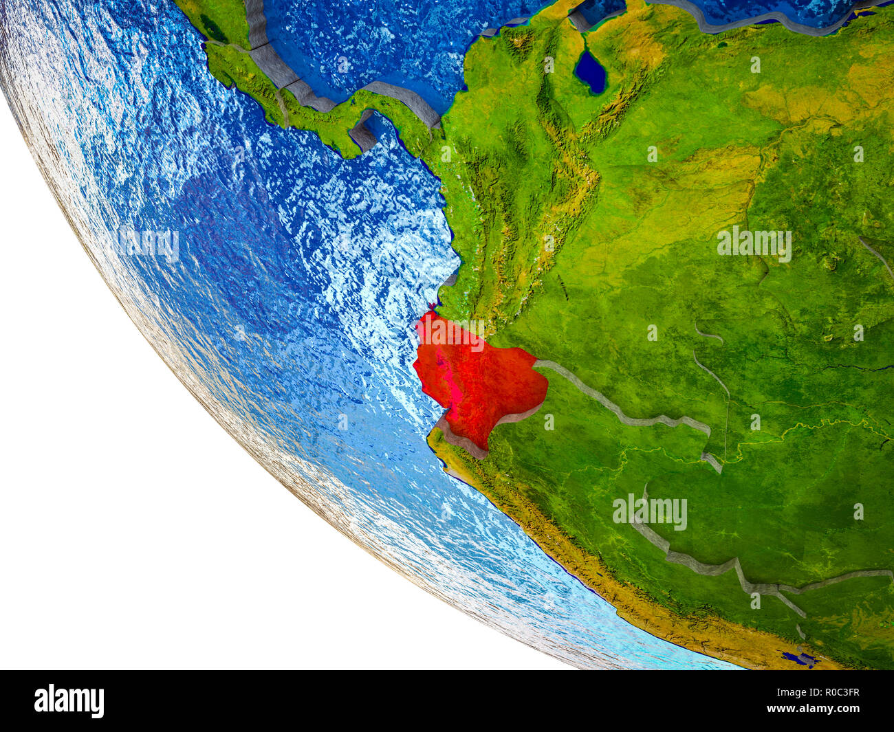 Ecuador on model of Earth with country borders and blue oceans with ...