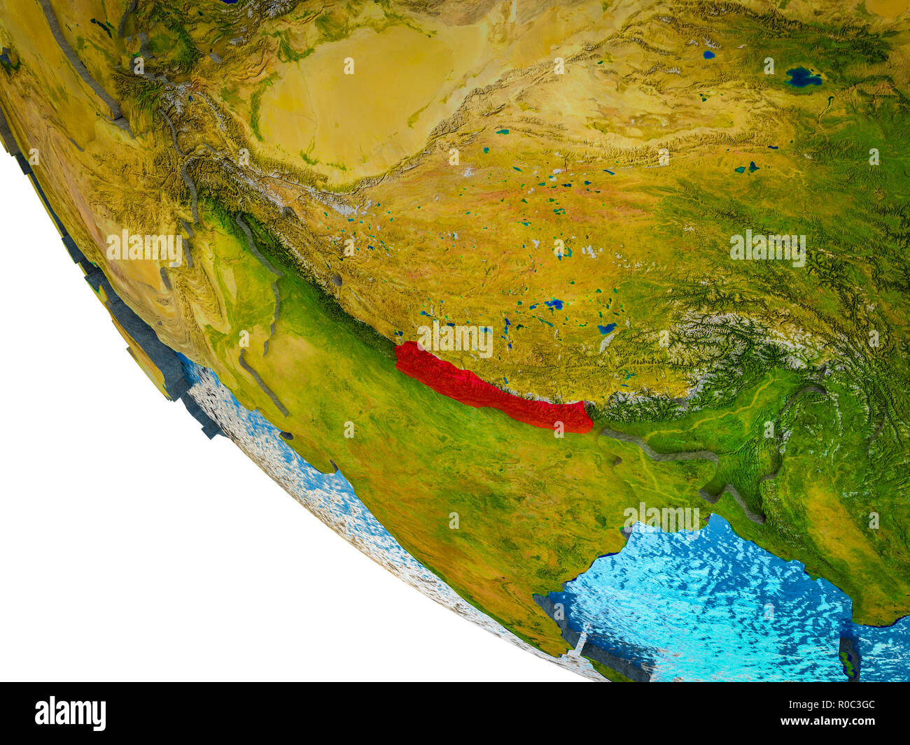 Nepal on model of Earth with country borders and blue oceans with waves ...