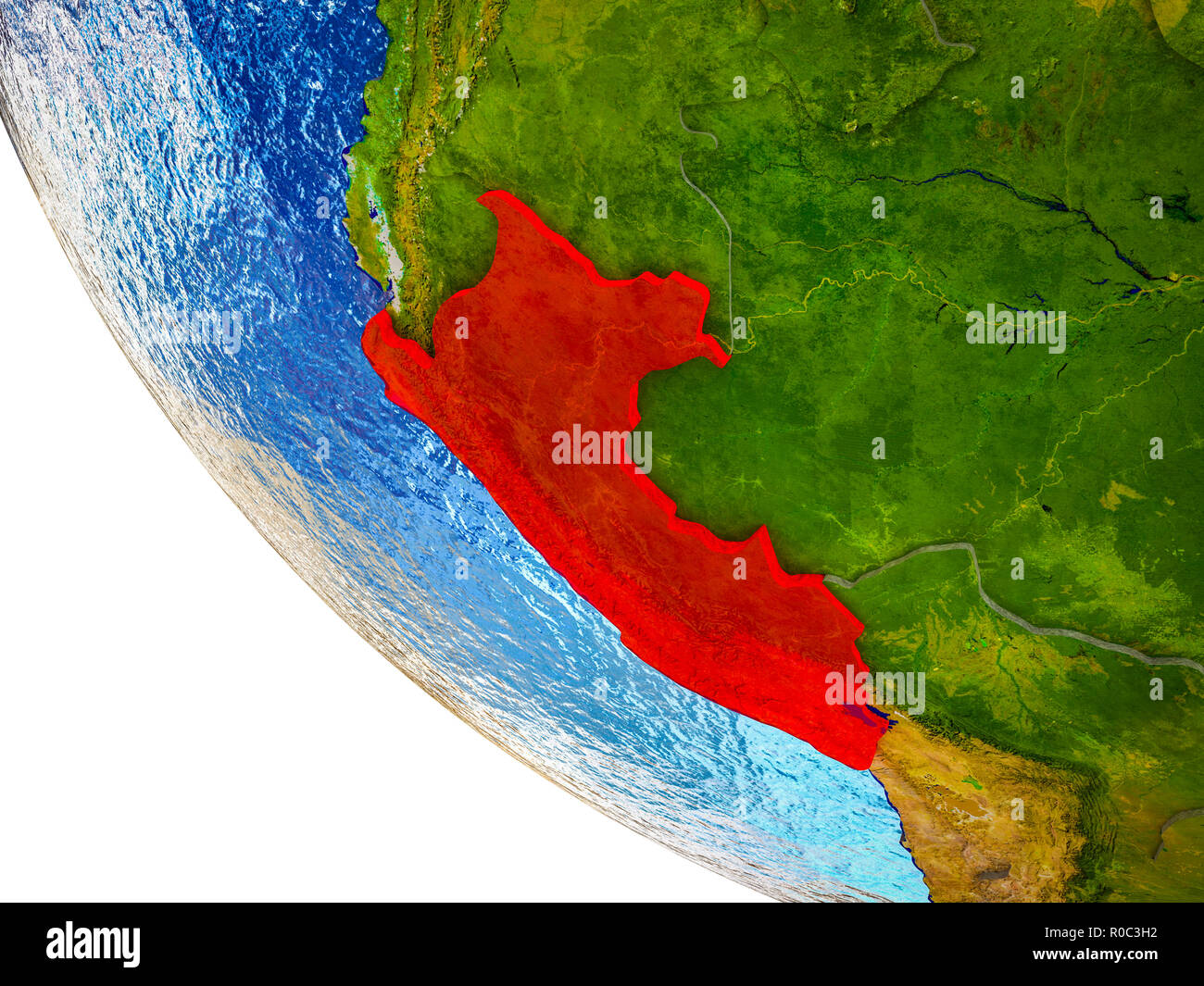 Peru on model of Earth with country borders and blue oceans with waves ...