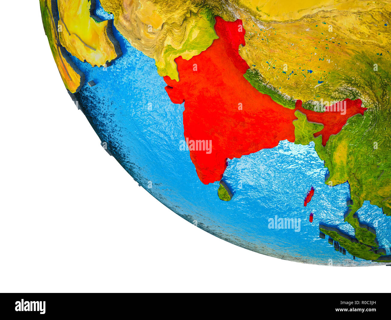 India on model of Earth with country borders and blue oceans with waves ...