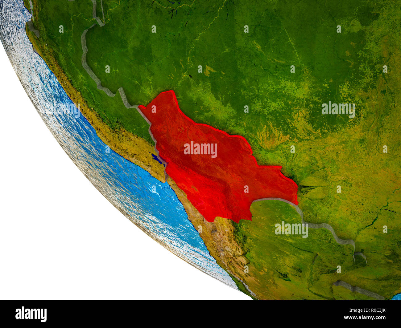 Bolivia on model of Earth with country borders and blue oceans with ...