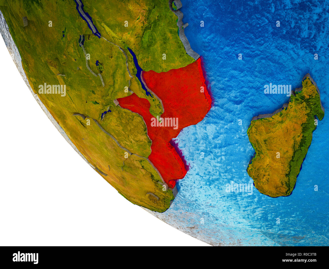 Mozambique on model of Earth with country borders and blue oceans with ...