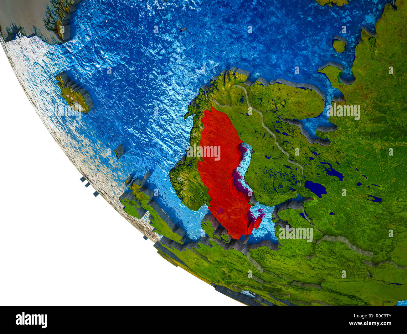 Sweden on model of Earth with country borders and blue oceans with ...