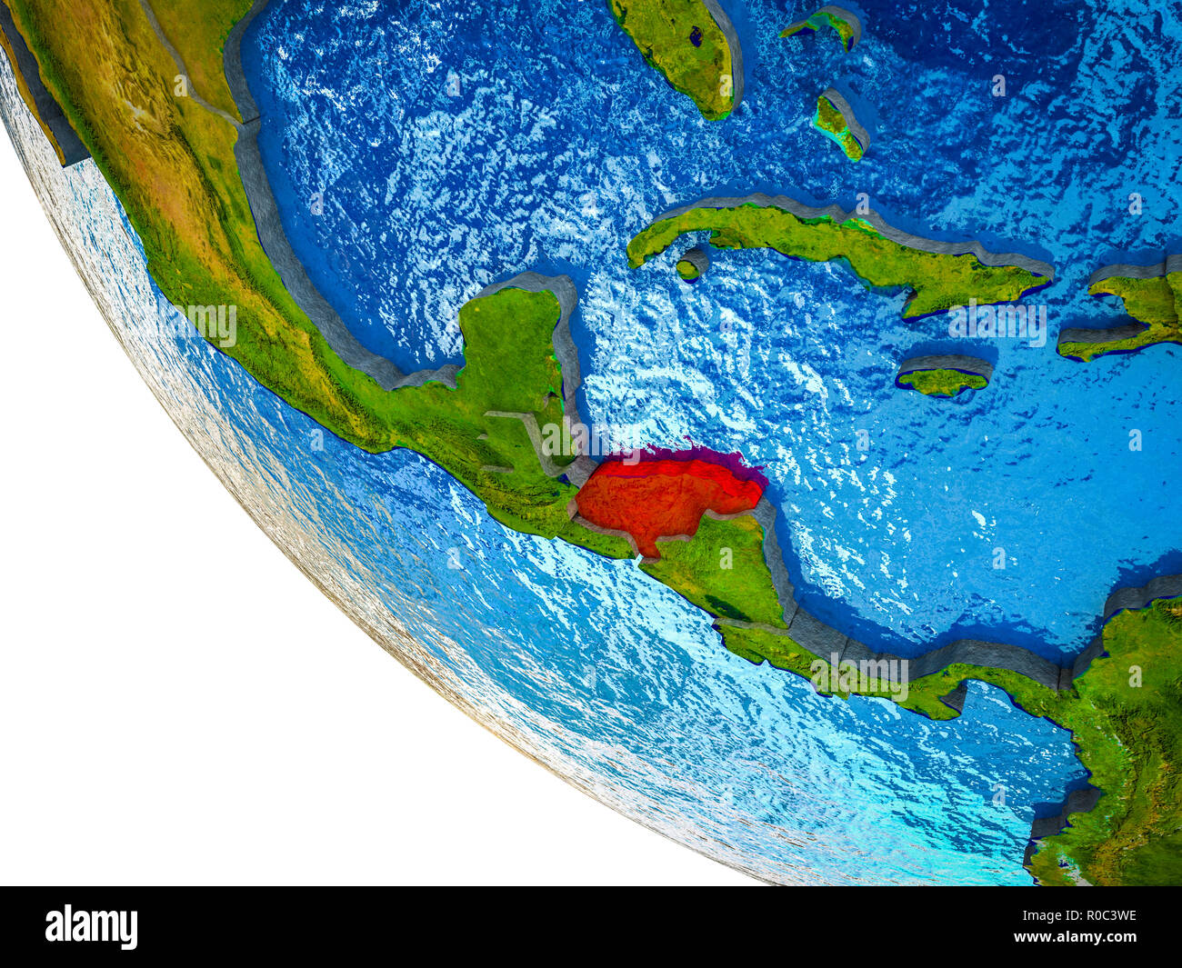 Honduras on model of Earth with country borders and blue oceans with ...