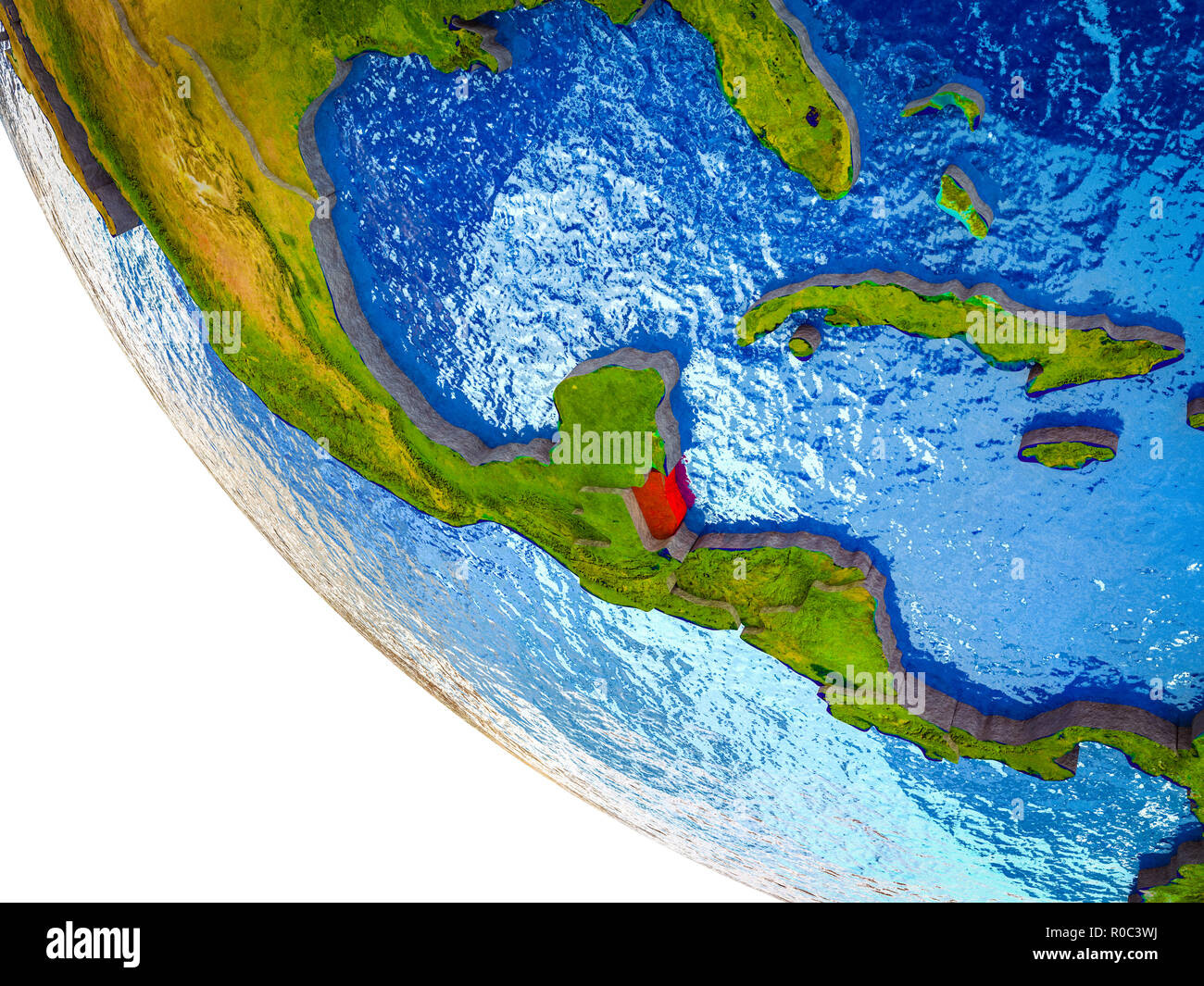 Belize on model of Earth with country borders and blue oceans with ...