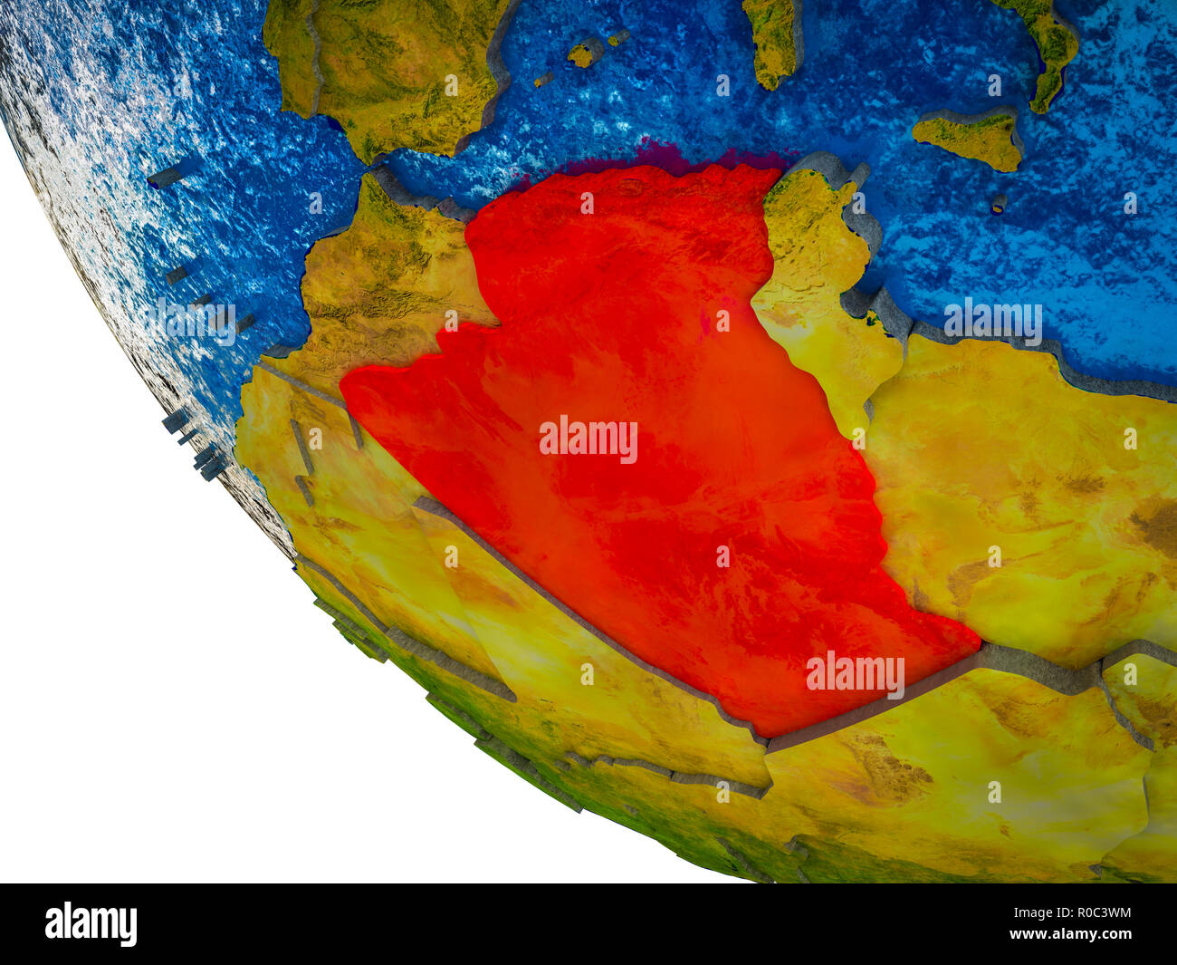 Algeria on model of Earth with country borders and blue oceans with ...