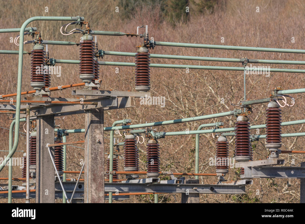 Ceramic electricity insulators at electrical power sub-station Stock ...