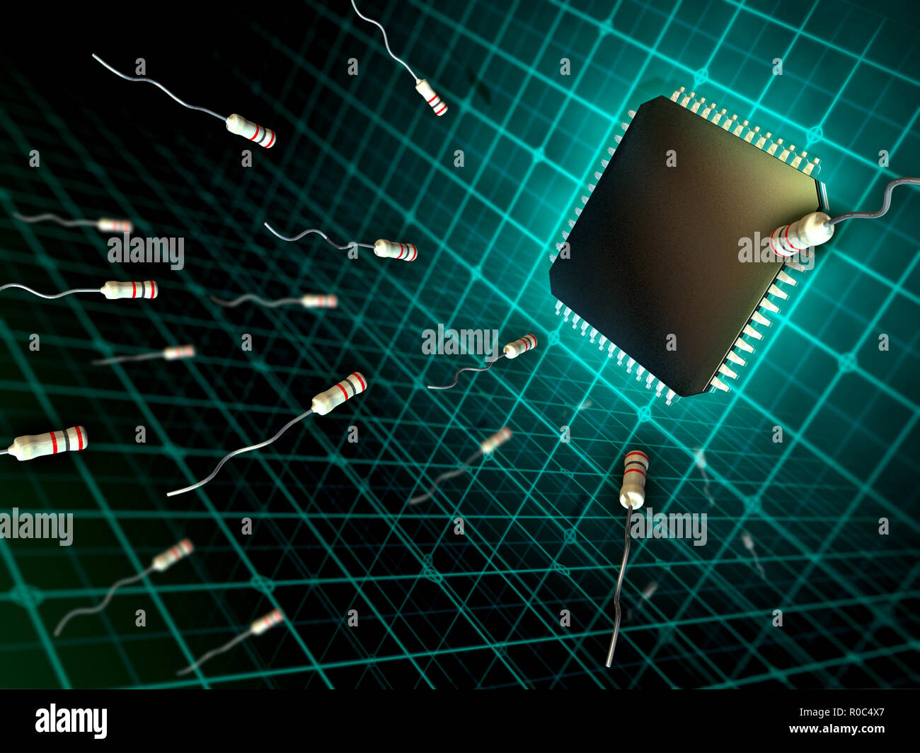 Some electronic resistors moving toward a microchip. Digital ...