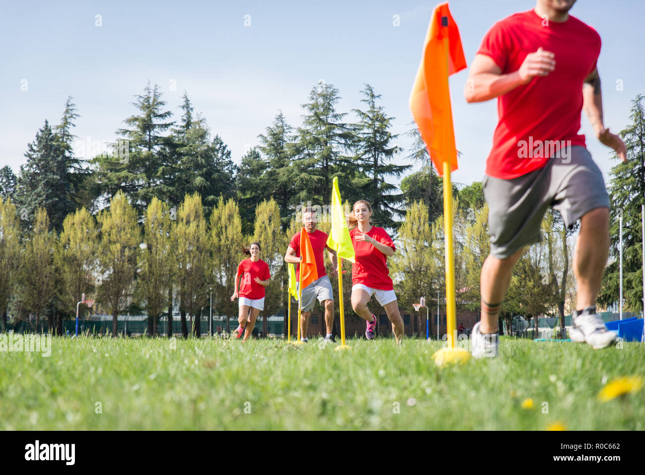 Football players training in soccer field, concepts about teamwork and ...
