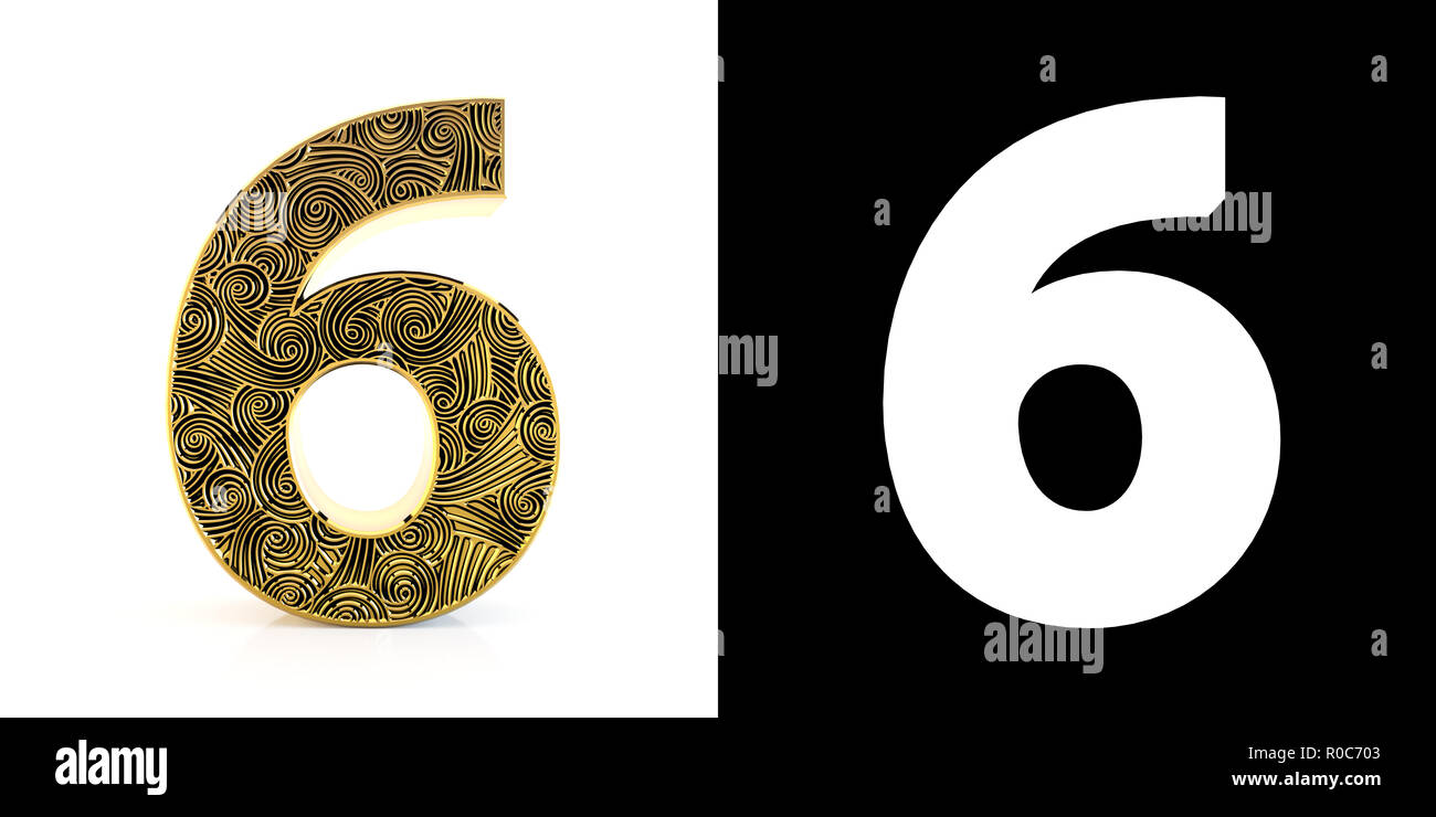 Golden number six (6 years) on white background with pattern style ...