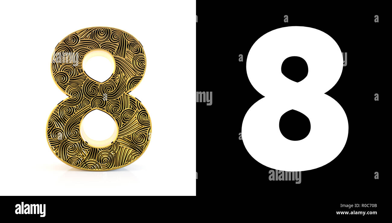 Golden number eight (8 years) on white background with pattern style ...