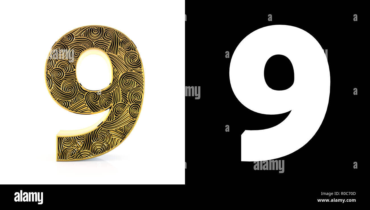 Golden number nine (9 years) on white background with pattern style ...