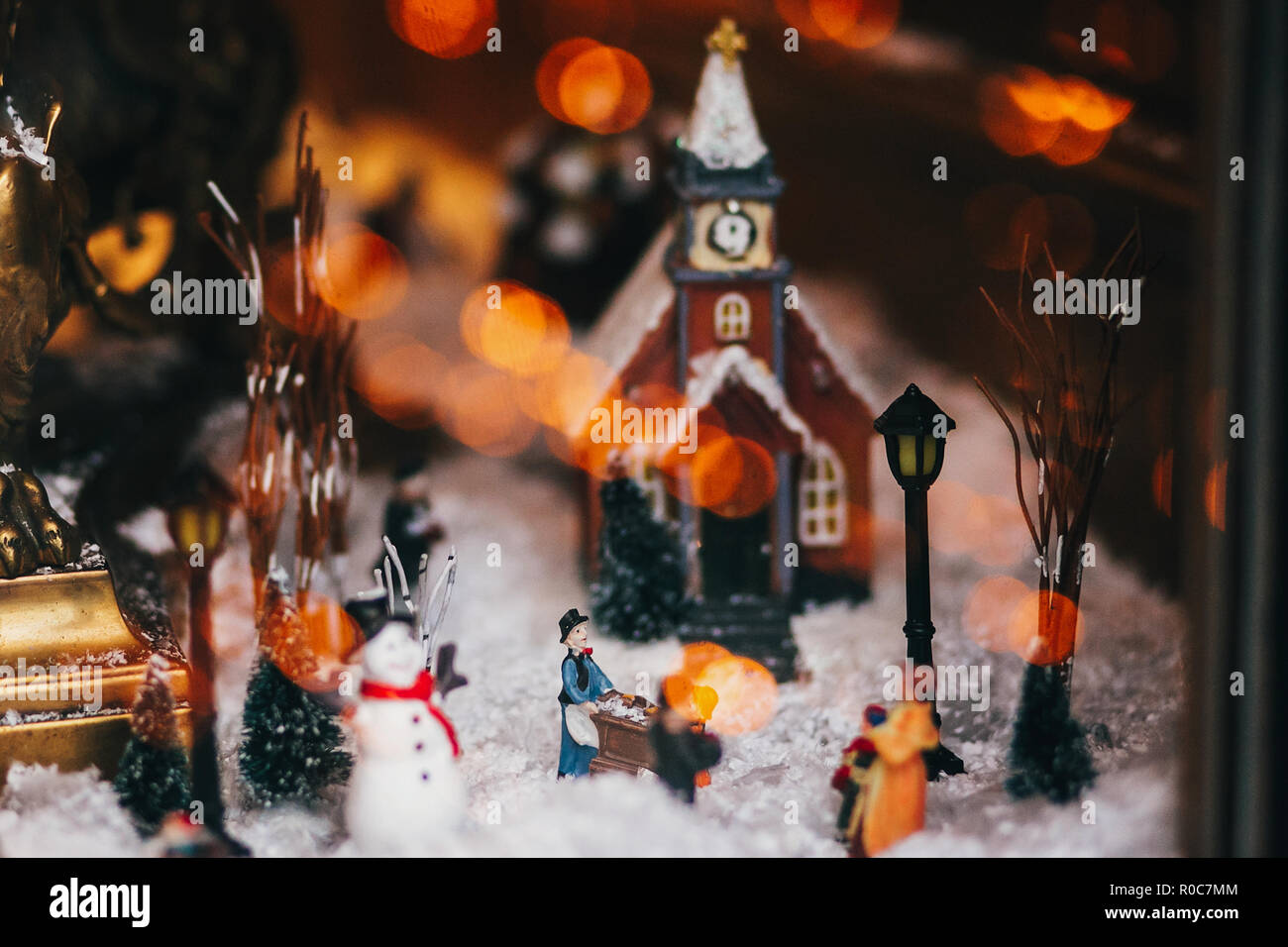 Magic Little Christmas city in miniature with snow,snowman, lights ...