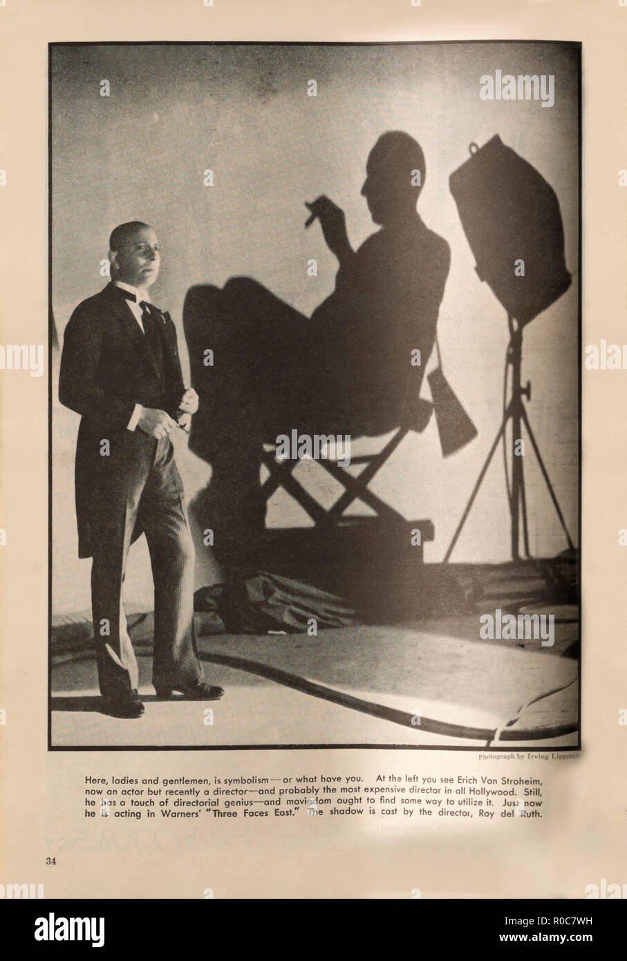 Actor Erich Von Stroheim, Shadow of Director Roy del Ruth, Portrait on ...