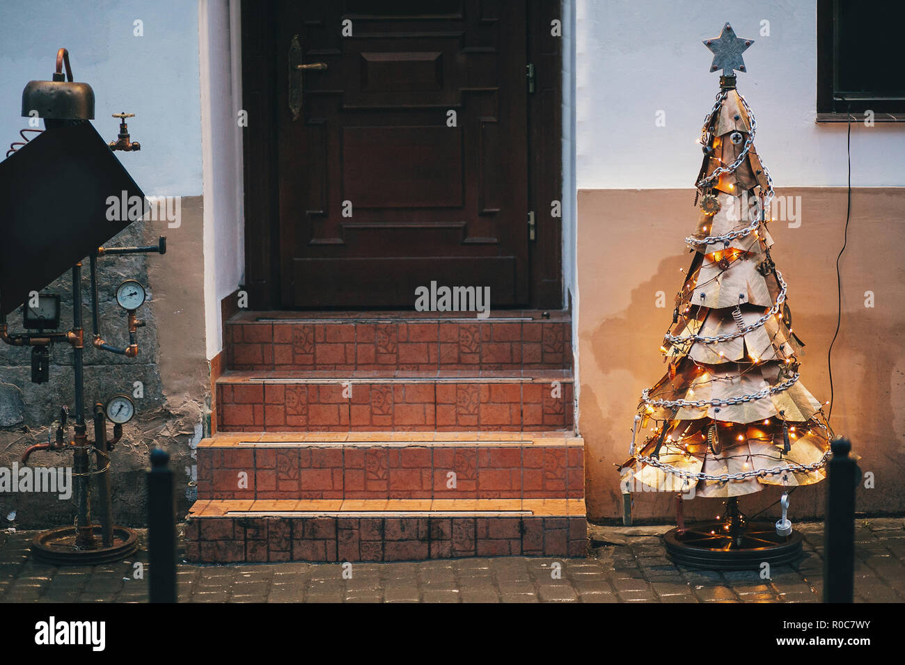 Steampunk christmas tree. Creative Steampunk steel tree with metal ...