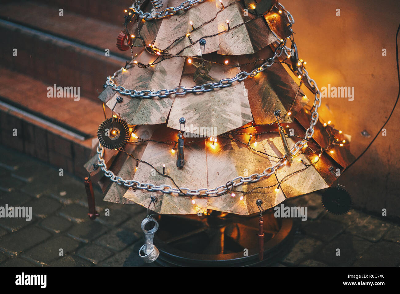 Steampunk christmas tree. Creative Steampunk steel tree with metal ...