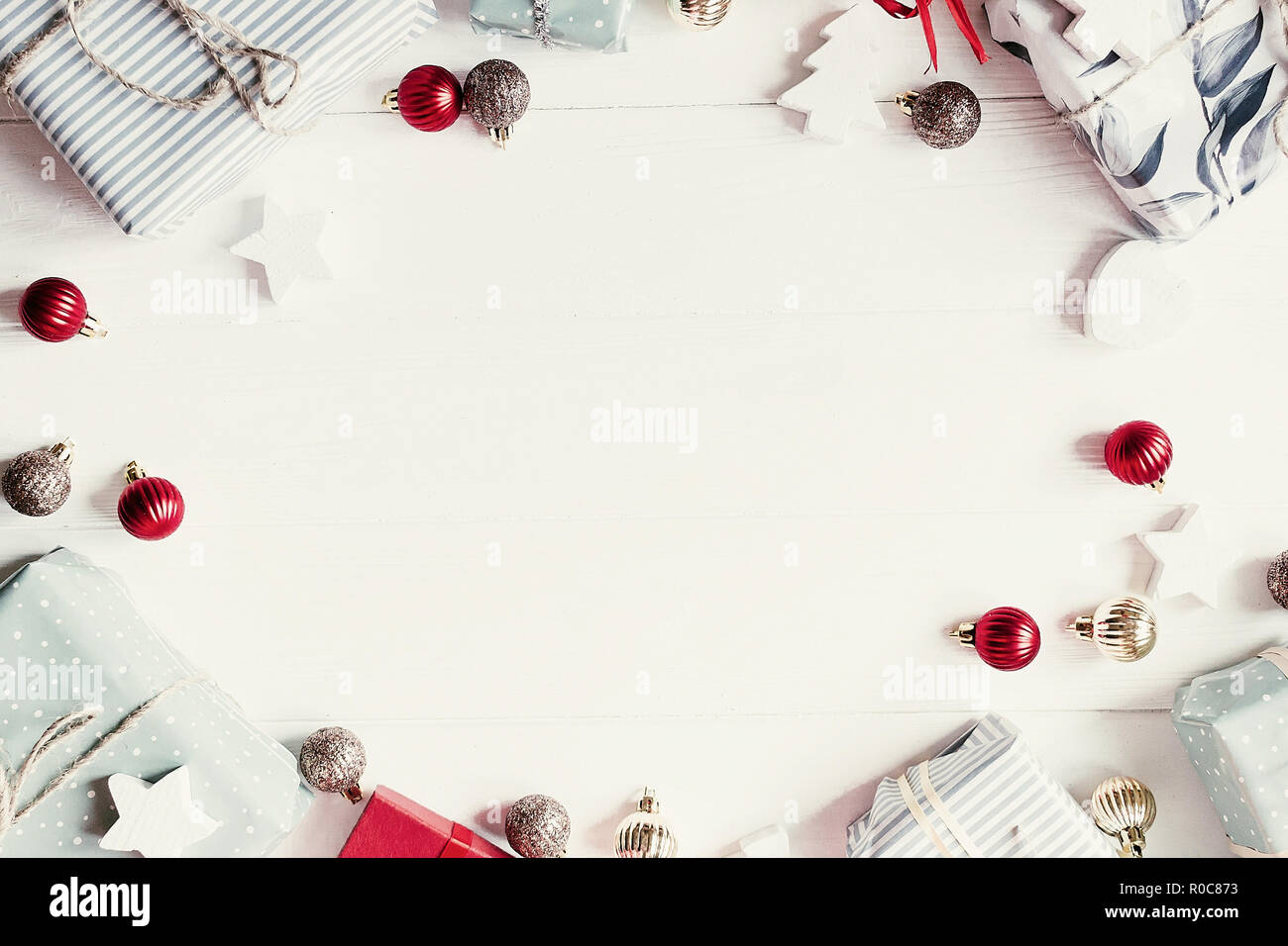 christmas flat lay. modern christmas layout with ornaments and gift ...