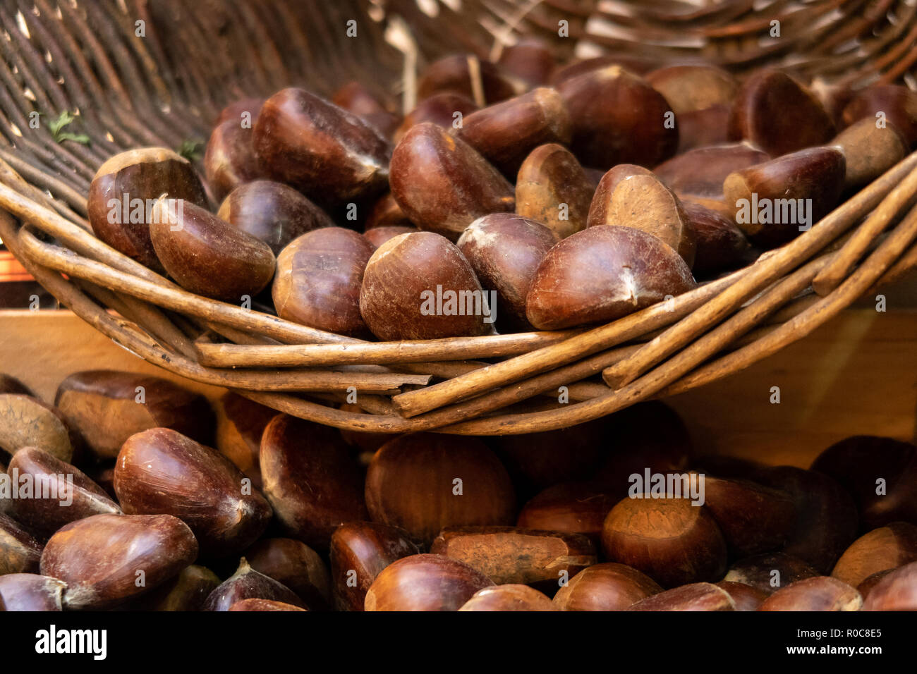 Basket of Chestnuts on display in London's Borough Market Stock Photo ...