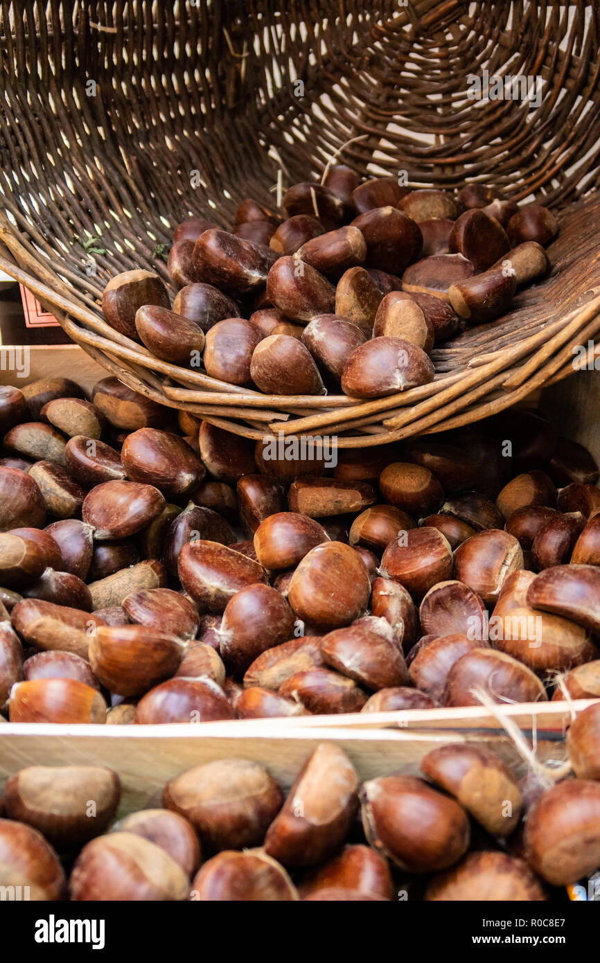 Basket of Chestnuts on display in London's Borough Market Stock Photo ...