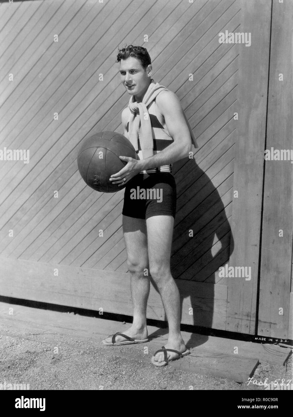 Actor Richard Arlen, Publicity Portrait in Swimsuit Holding Medicine ...