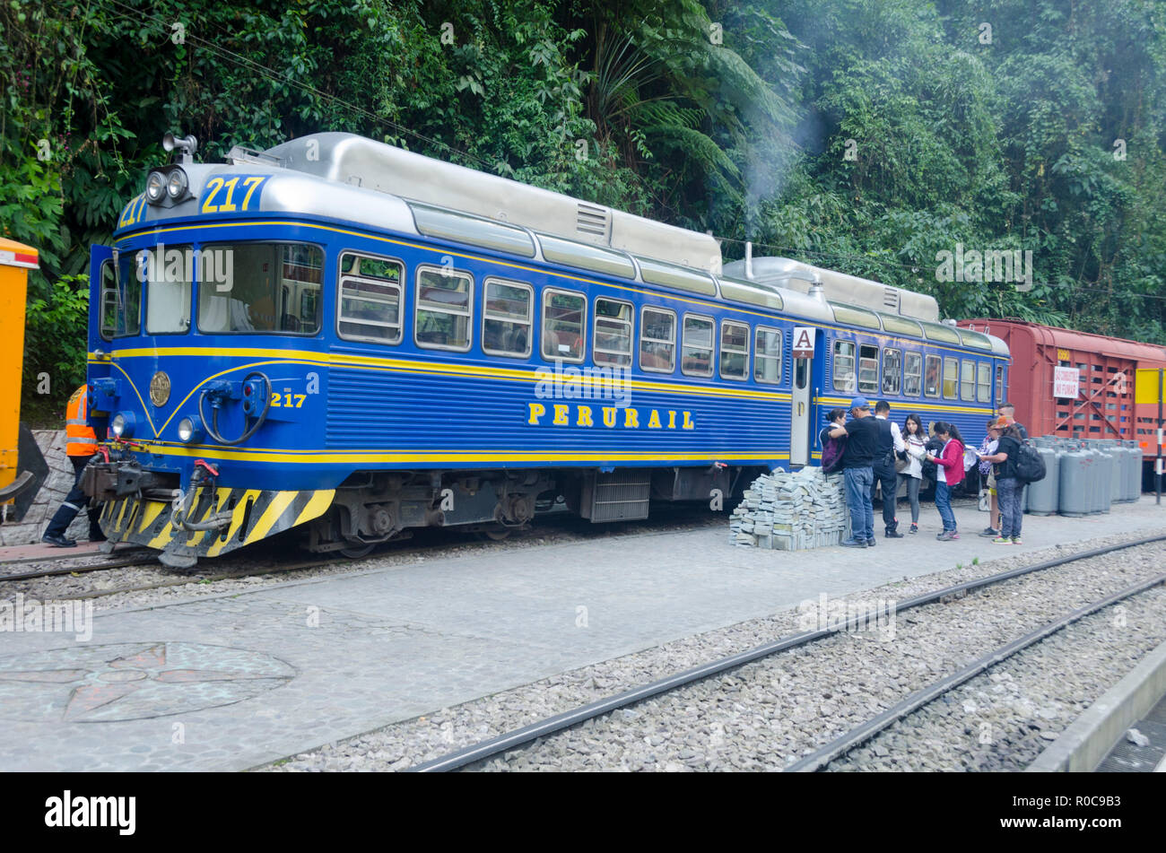 Peru Rail train at Aguas Calientes, Peru Stock Photo - Alamy