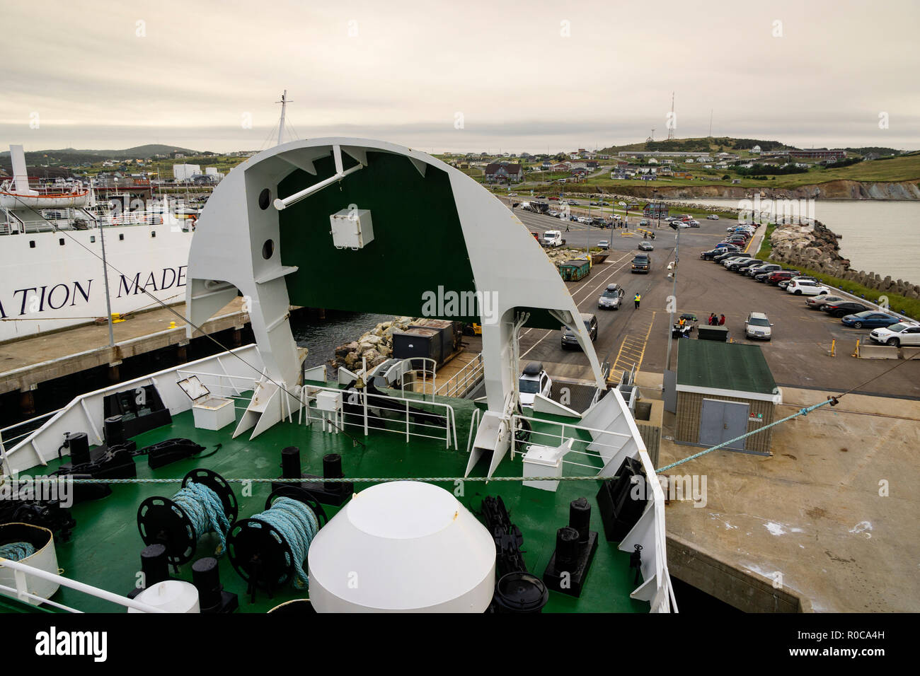 Raised bow ramp of Groupe CTMA ferry Madeleine in Cap aux Meules in the ...