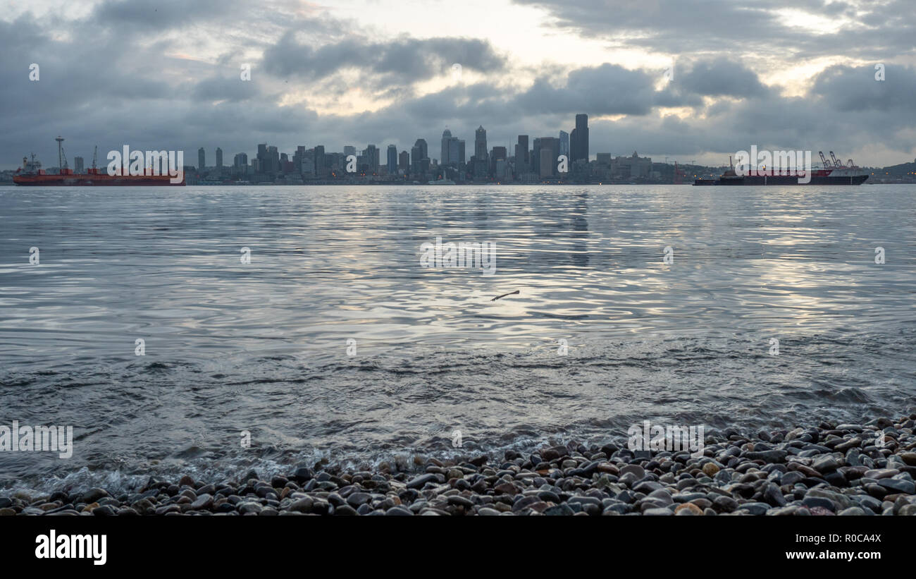 View of Downtown Seattle Skyline From a Rock Beach Across the Bay Stock ...