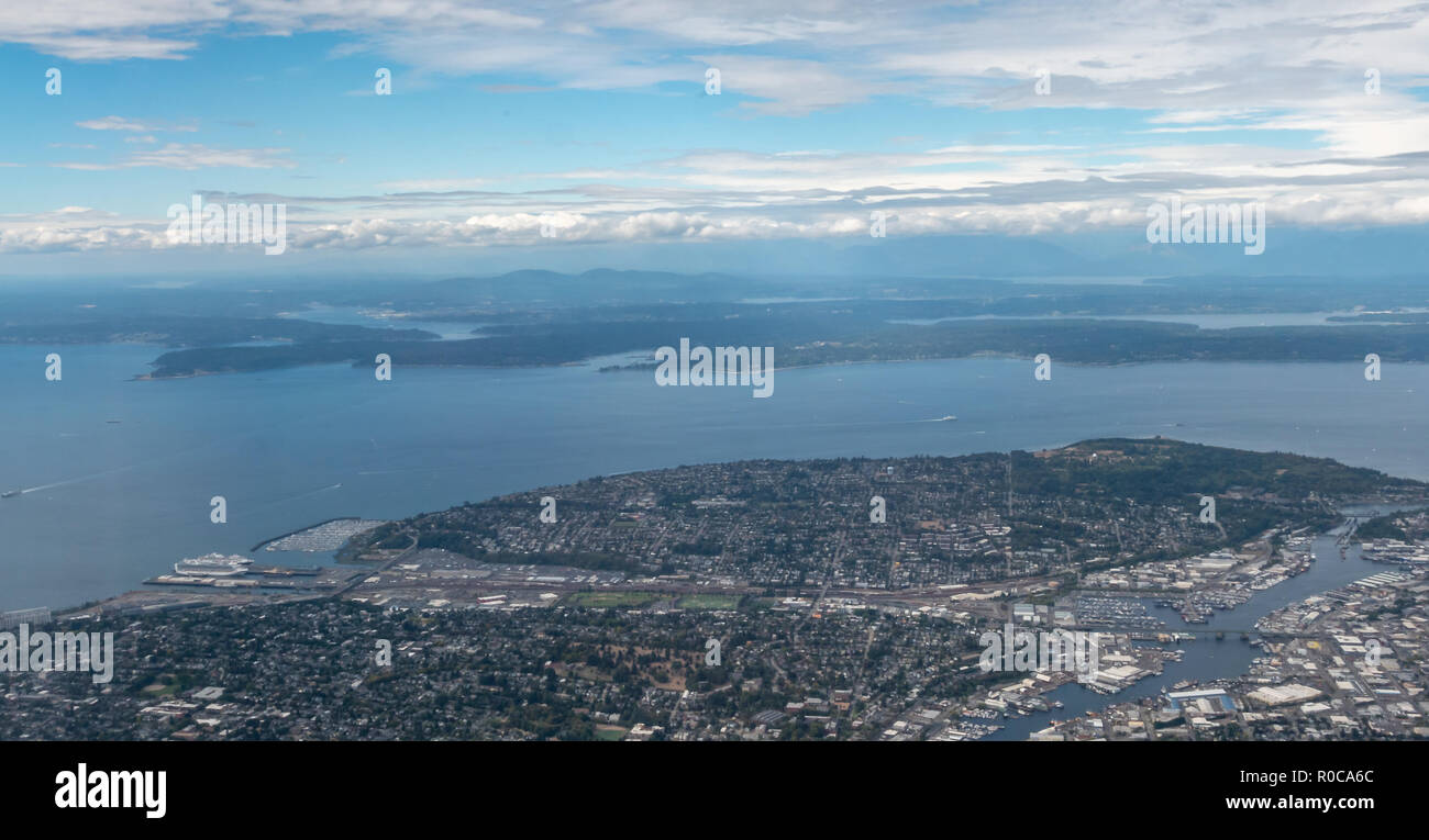 Aerial View of the Seattle Bay from Airplane With Cloudy Day Stock ...