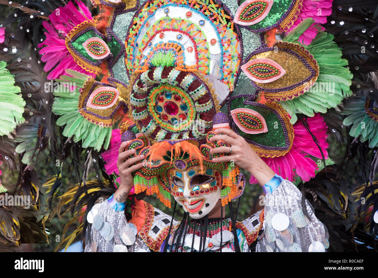 Parade of colorful smiling mask at 2018 Masskara Festival, Bacolod City ...