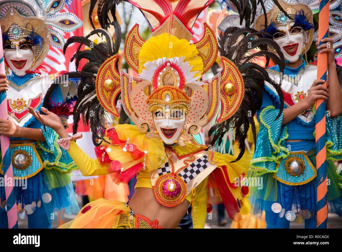 Parade of colorful smiling mask at 2018 Masskara Festival, Bacolod City ...