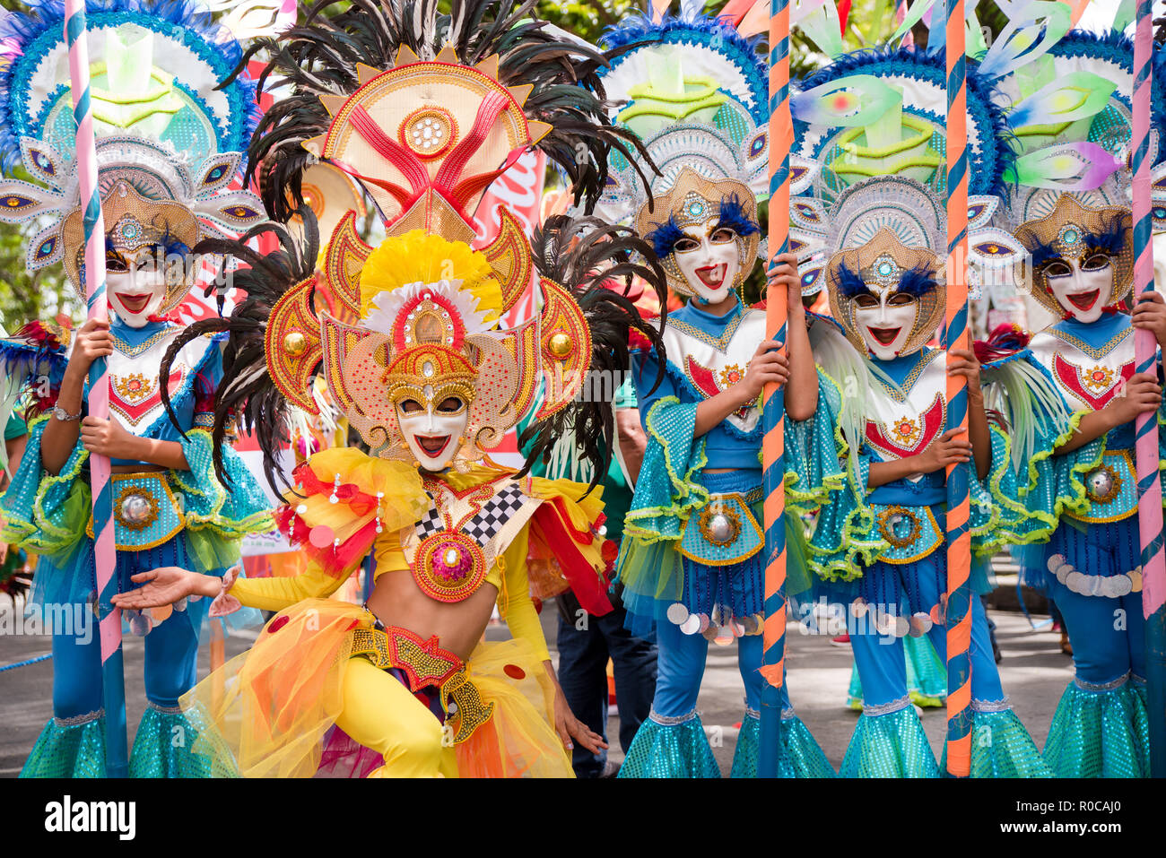 Parade of colorful smiling mask at 2018 Masskara Festival, Bacolod City ...