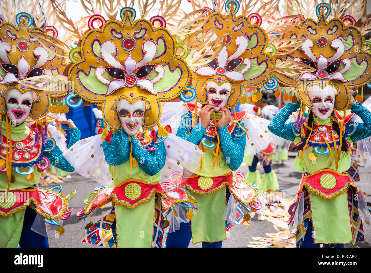 Parade of colorful smiling mask at 2018 Masskara Festival, Bacolod City ...