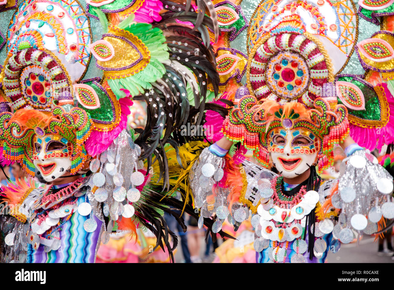 Parade of colorful smiling mask at 2018 Masskara Festival, Bacolod City ...