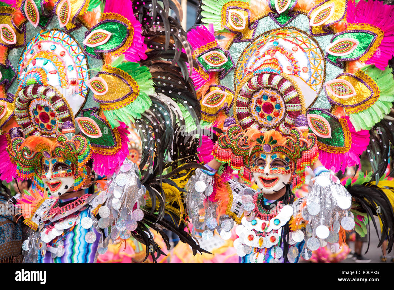 Parade of colorful smiling mask at 2018 Masskara Festival, Bacolod City ...