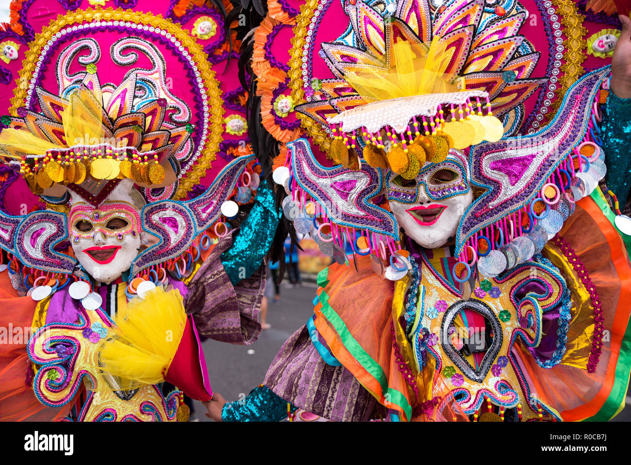 Parade of colorful smiling mask at 2018 Masskara Festival, Bacolod City ...