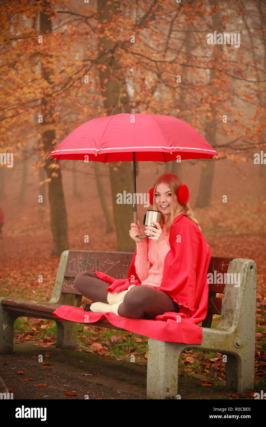 Nature outdoor weather fun cozy concept. Girl sitting in park. Lady ...
