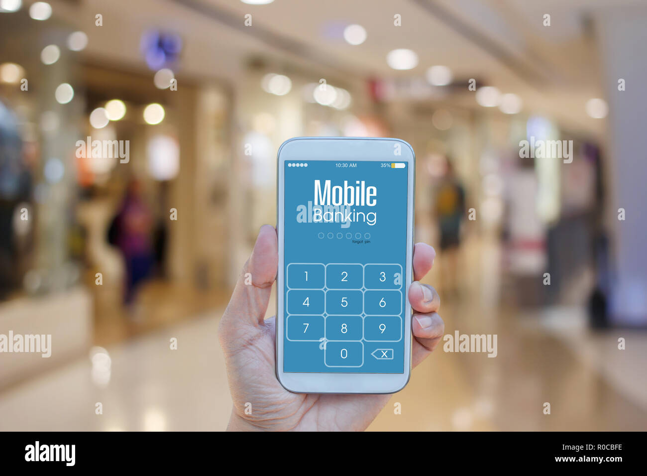Hand holding smartphone with Mobile Banking on screen over blurred in ...