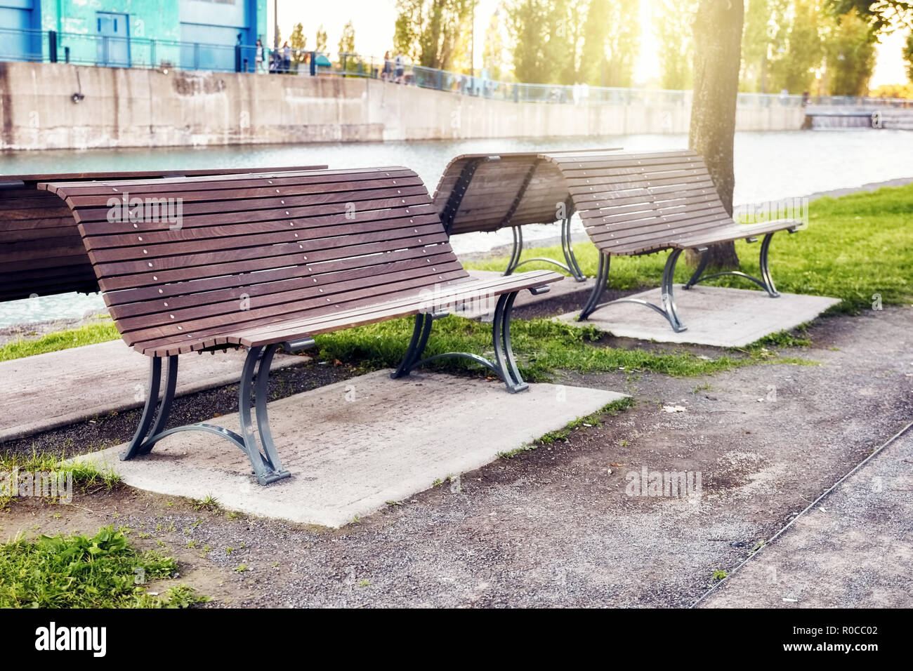 Wooden bench at a riverside hi-res stock photography and images - Alamy